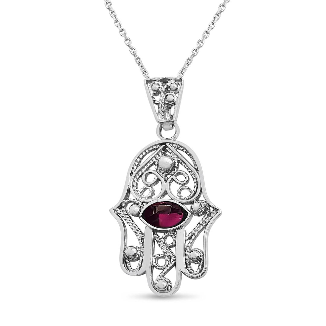 Red Garnet White Gold Hamsa Pendant, 14K Solid Gold Filigree Hand Yad ...