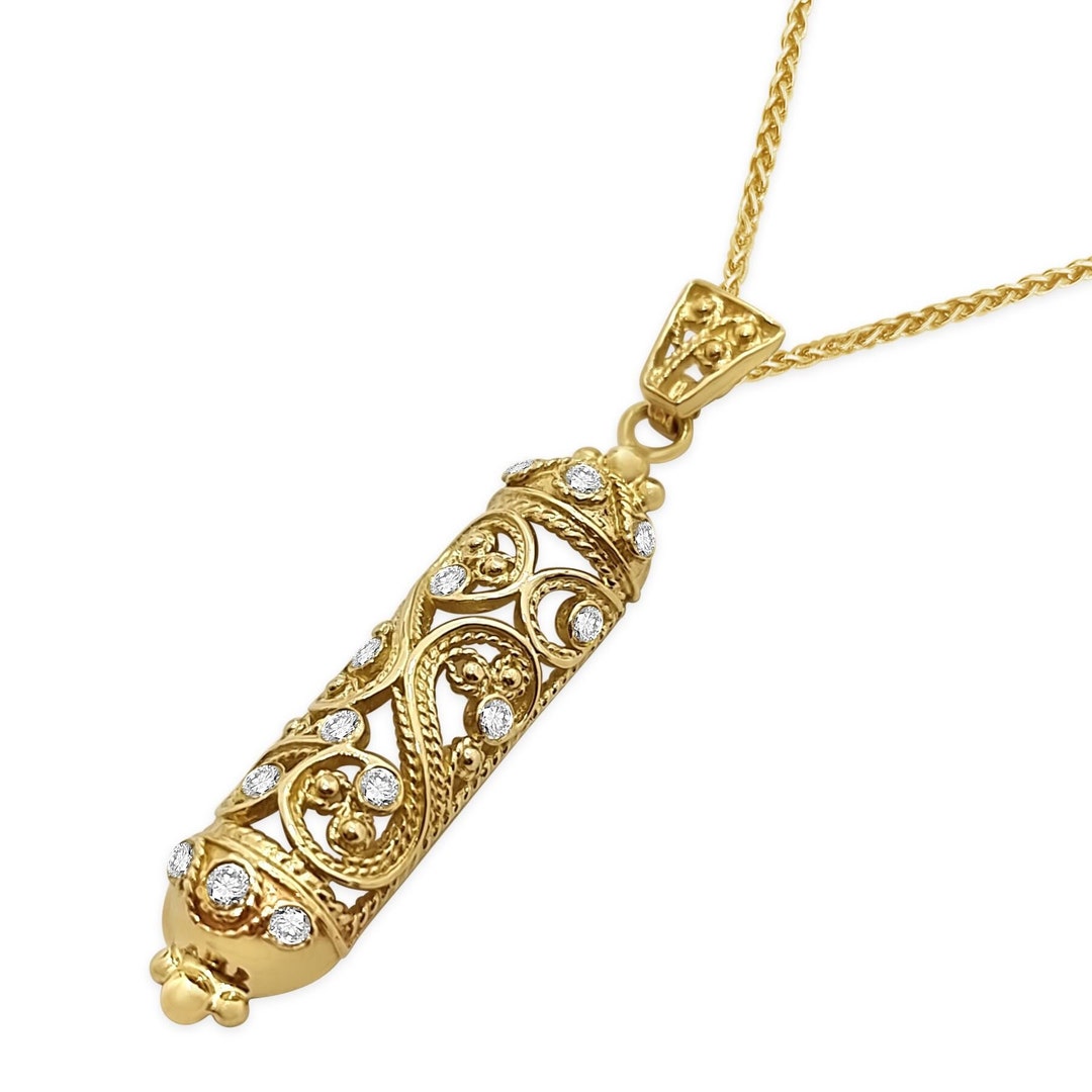 14K Yellow Gold Jewish Mezuzah Pendant, Natural Diamonds Yemenite ...