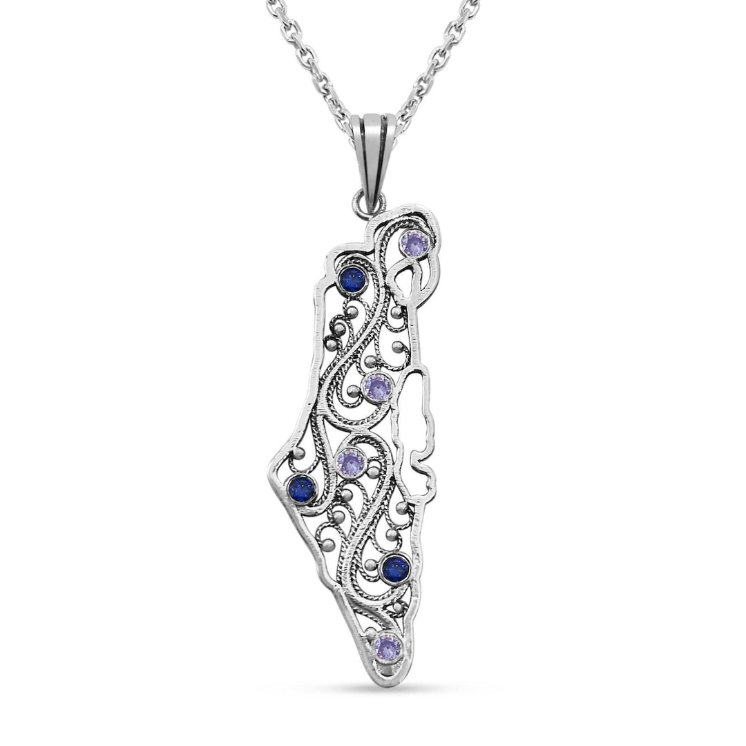 925 Silver Map of Israel Pendant Blue Sapphire & Lavender Gems,filigree ...