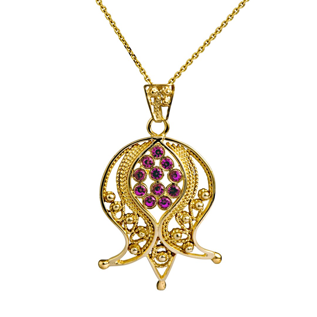 14K Gold Filigree Pomegrante Pendant,round Pink Ruby Gemstone,yellow ...