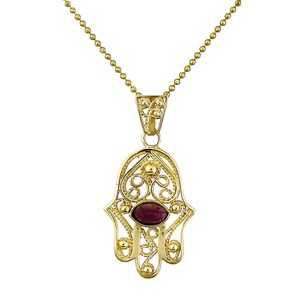 Red Garnet White Gold Hamsa Pendant, 14K Solid Gold Filigree Hand Yad ...