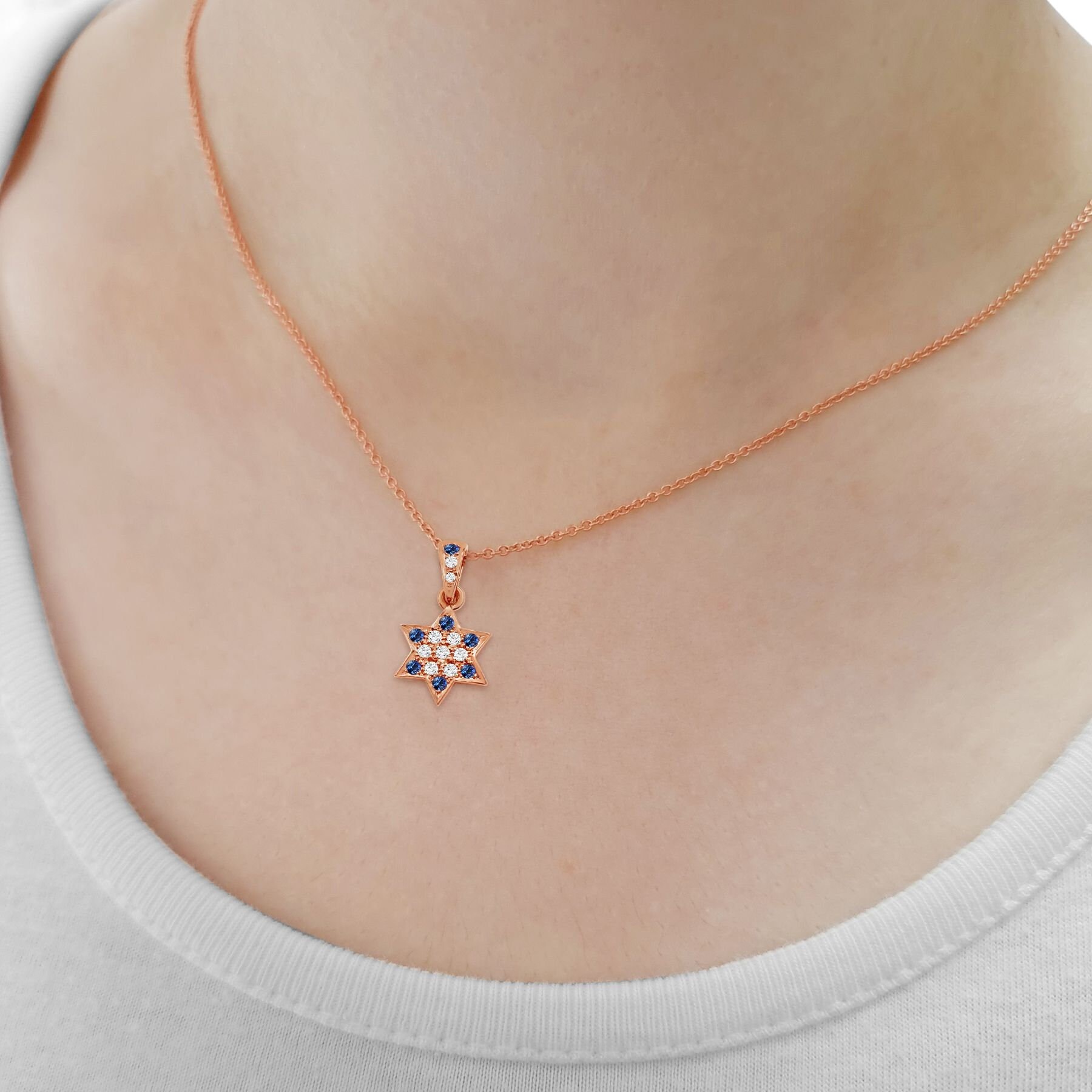18K Rose Gold Diamond Star of David Pendant, Blue Sapphire Gemstone ...