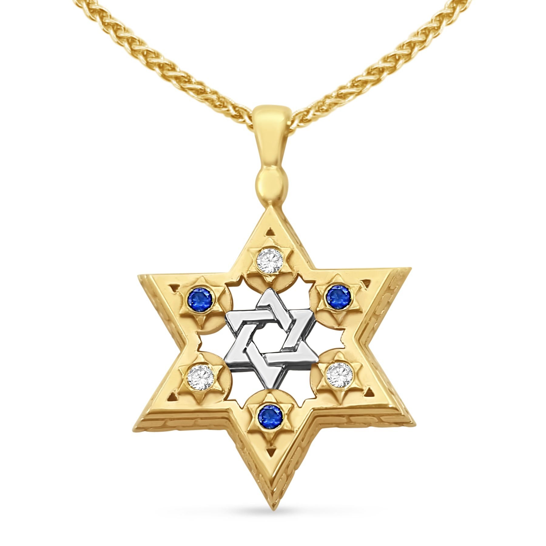 Two Tone 14K Solid Gold Jewish Star of David Necklace,jerusalem Kotel ...