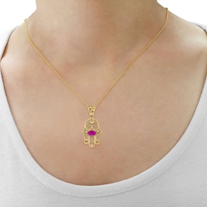 Pink Ruby Gem Yellow Gold Hamsa Pendant,14k Solid Gold Filigree Hand ...
