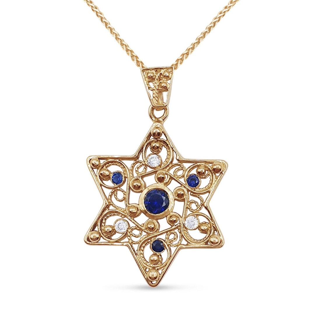 14K Gold Jewish Star of David Pendant With Blue Sapphire & Lavender ...
