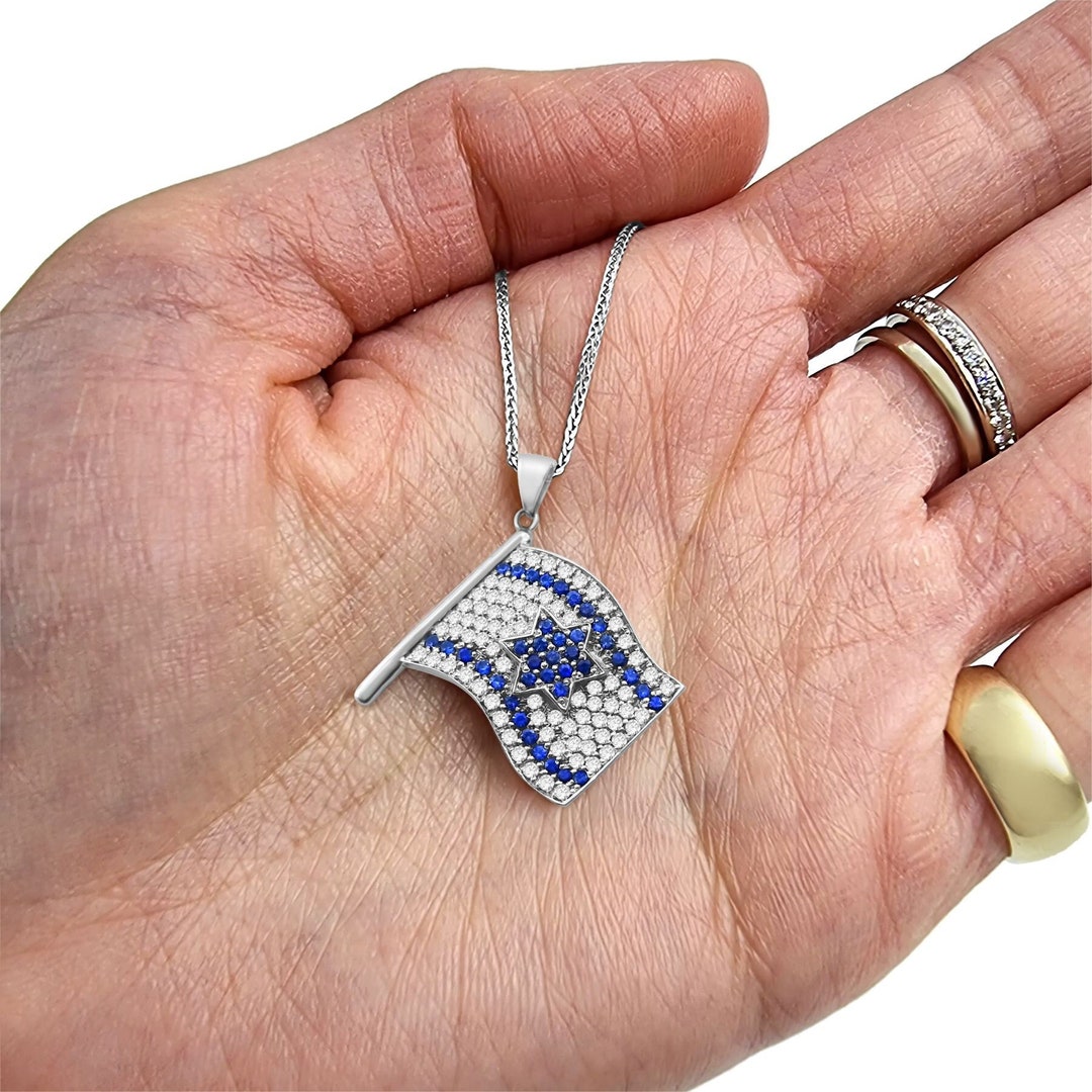 18K White Gold Israel Flag Pendant With Natural Diamonds and Blue ...