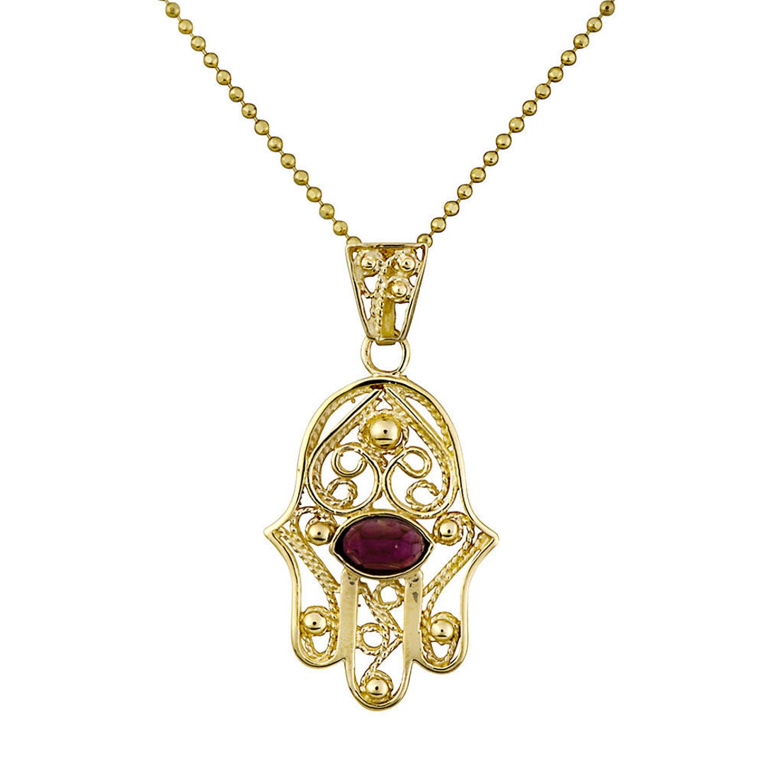 14K Gold Hamsa Pendant,14k Gold Filigree Pendant,red Garnet Hamsa ...