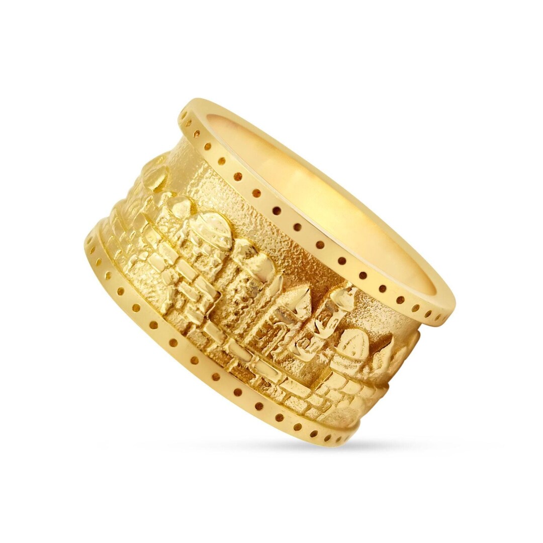 14k Gold Holy Jerusalem Jewish Ring, Gold Wide Wedding Band Hebrew Ring ...