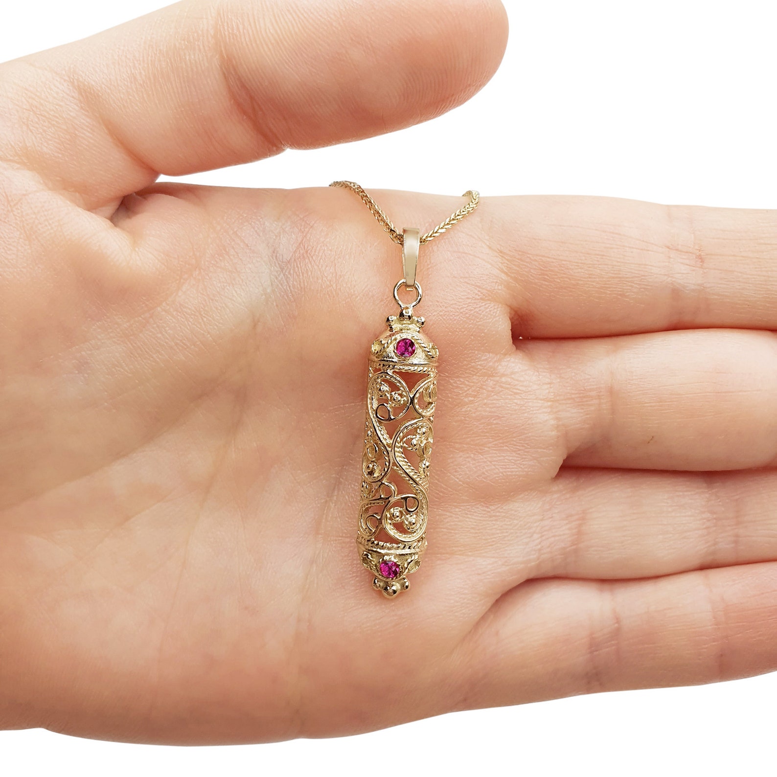 14K Solid Gold Jewish Mezuzah Necklace Pink Ruby Gems, Filigree ...