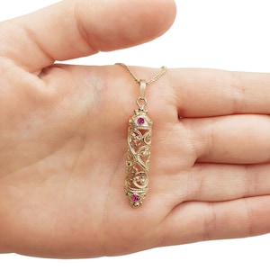 14K Solid Gold Jewish Mezuzah Necklace Pink Ruby Gems, Filigree ...