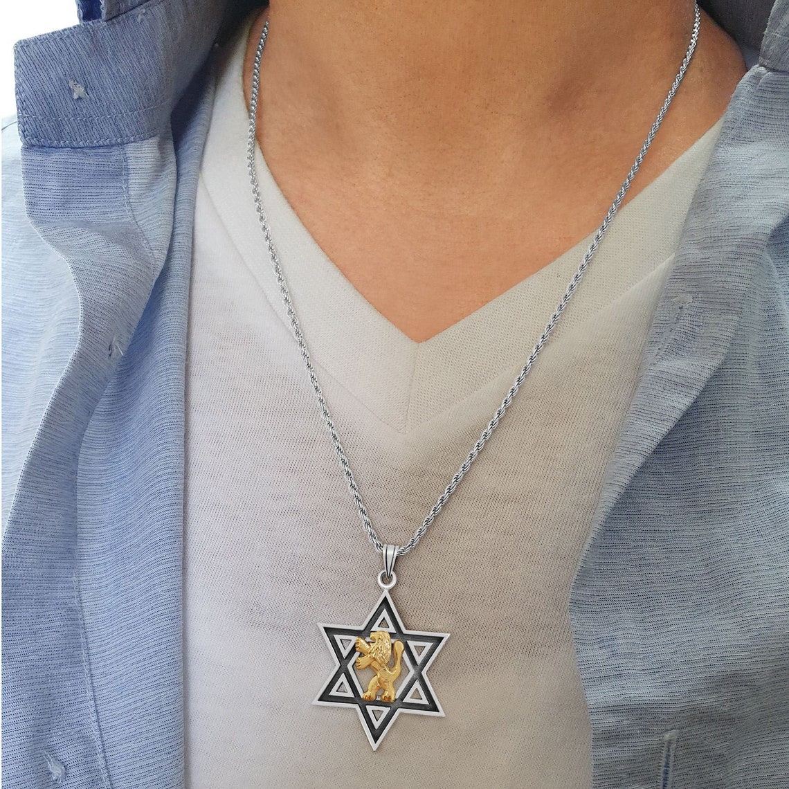 Silver and Gold Large Star of David Pendant,big Magen David Necklace ...