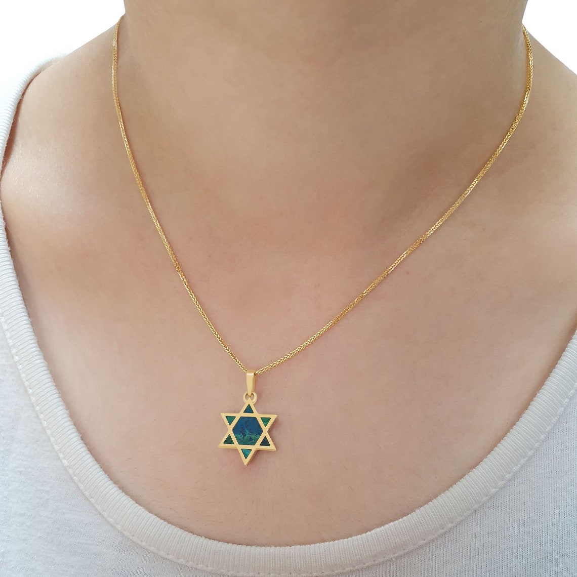 14K Solid Gold Jewish Star of David Pendanteilat Stone - Etsy