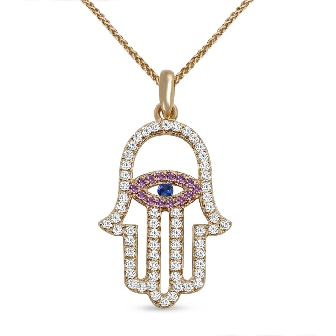 14K Gold Diamond Hamsa Pendant,evil Eye Protection Charm,pink & Blue ...
