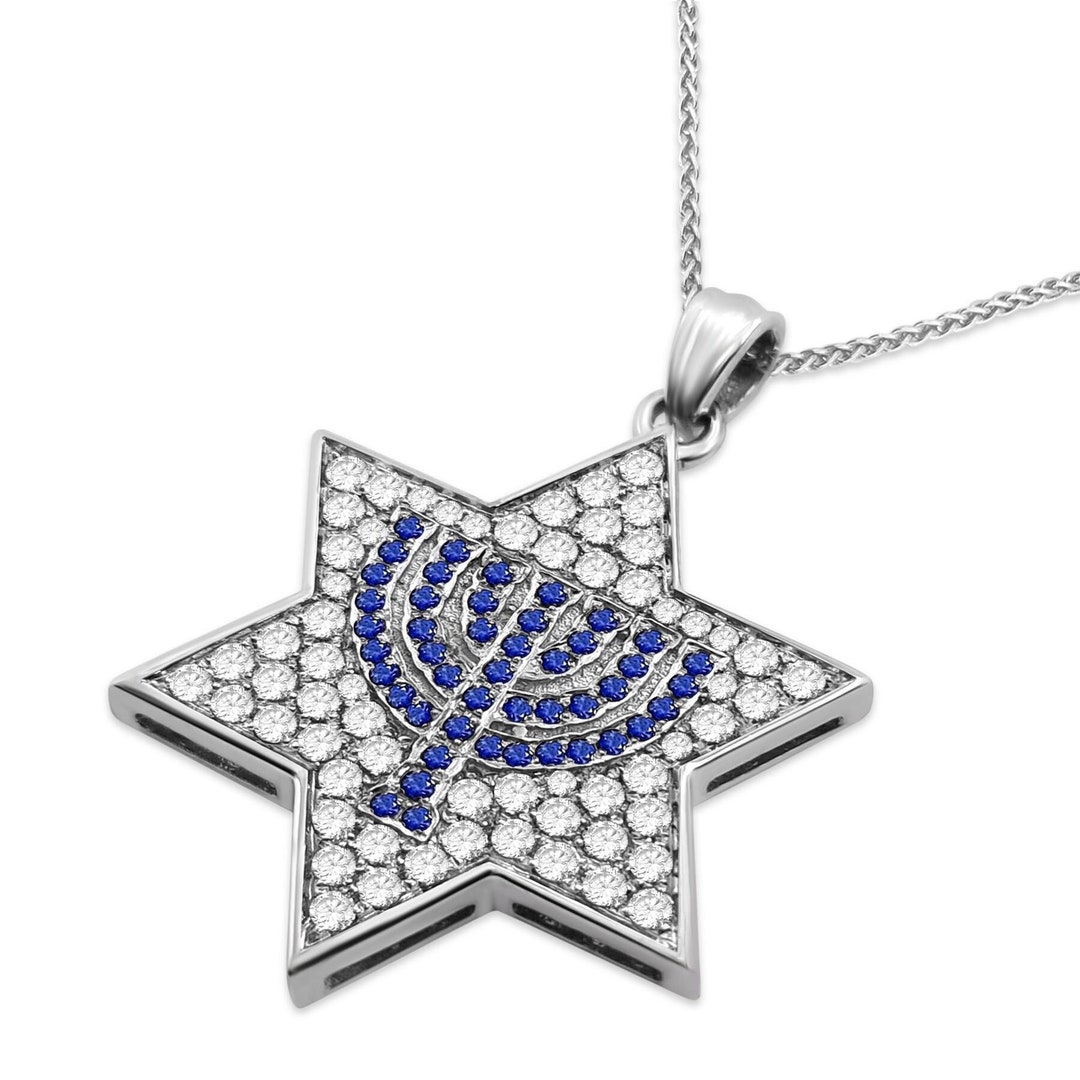 Large Jewish Star of David Necklace in 18K White Gold, Natural Diamonds ...