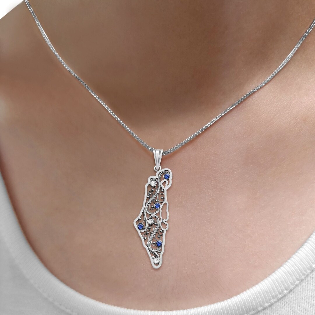 14K White Gold Map of Israel Jewish Filigree Pendant With Natural ...