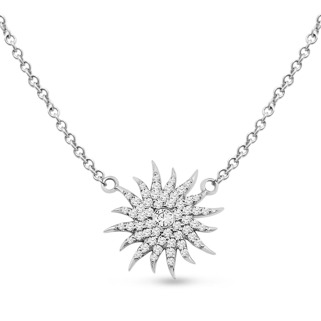 14K Gold Small Diamond Sun Pendant, Solid White Gold Diamond Studded ...