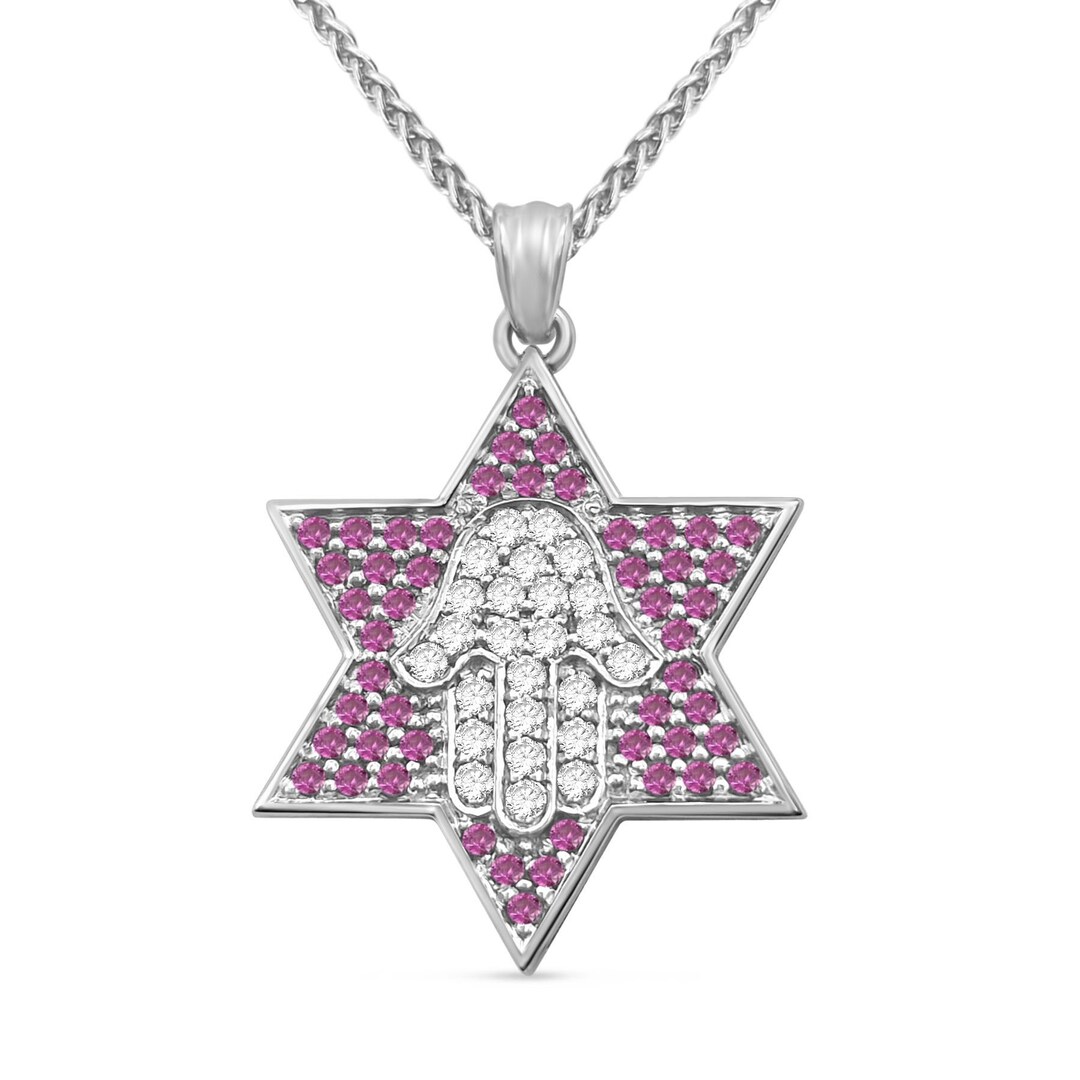 14K White Gold Star of David Pendant With Pink Ruby and Diamond Studded ...