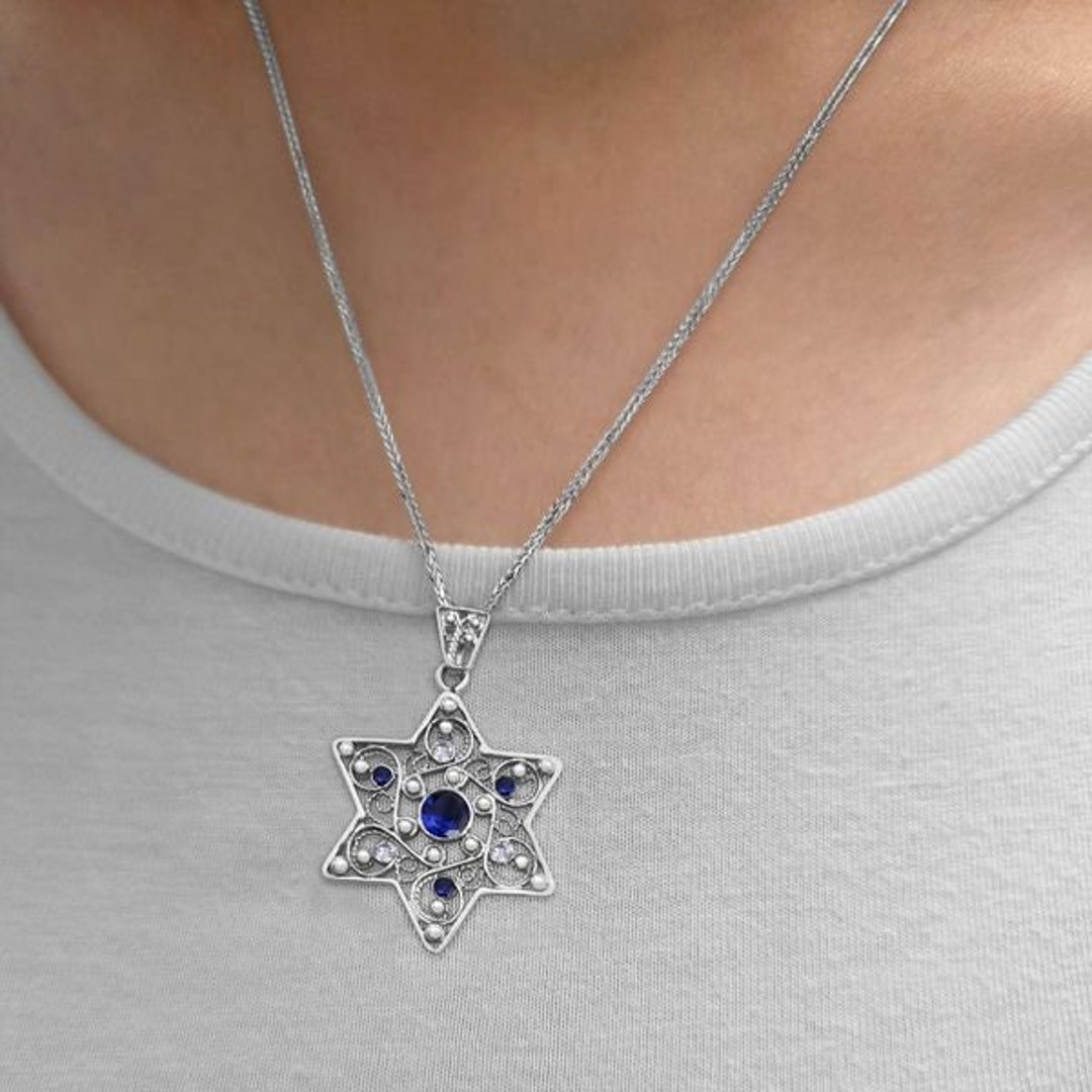 14K Solid White Gold Jewish Star of David Filigree Pendant With Blue ...