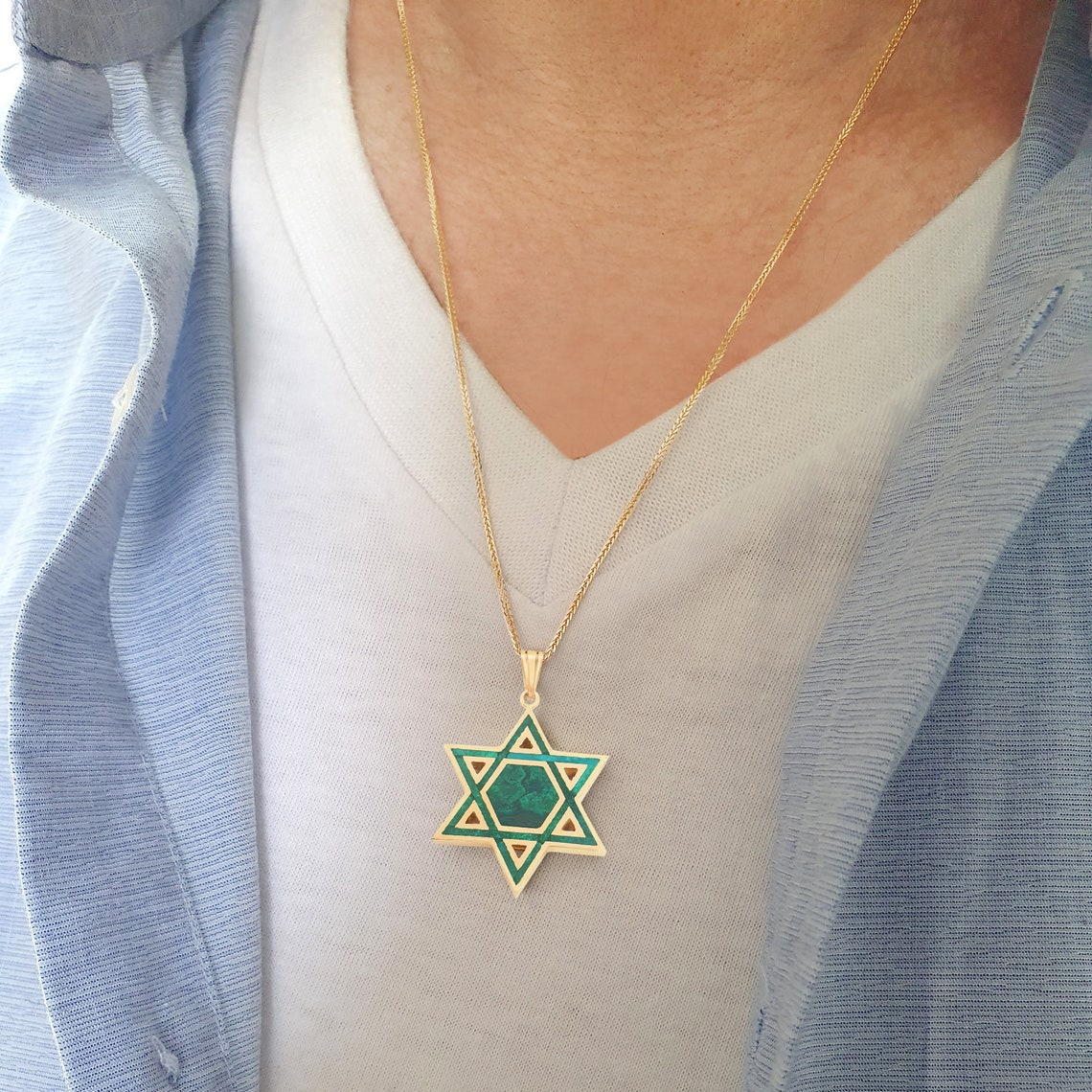 14K Gold Jewish Star of David Eilat Stone Pendant | Etsy