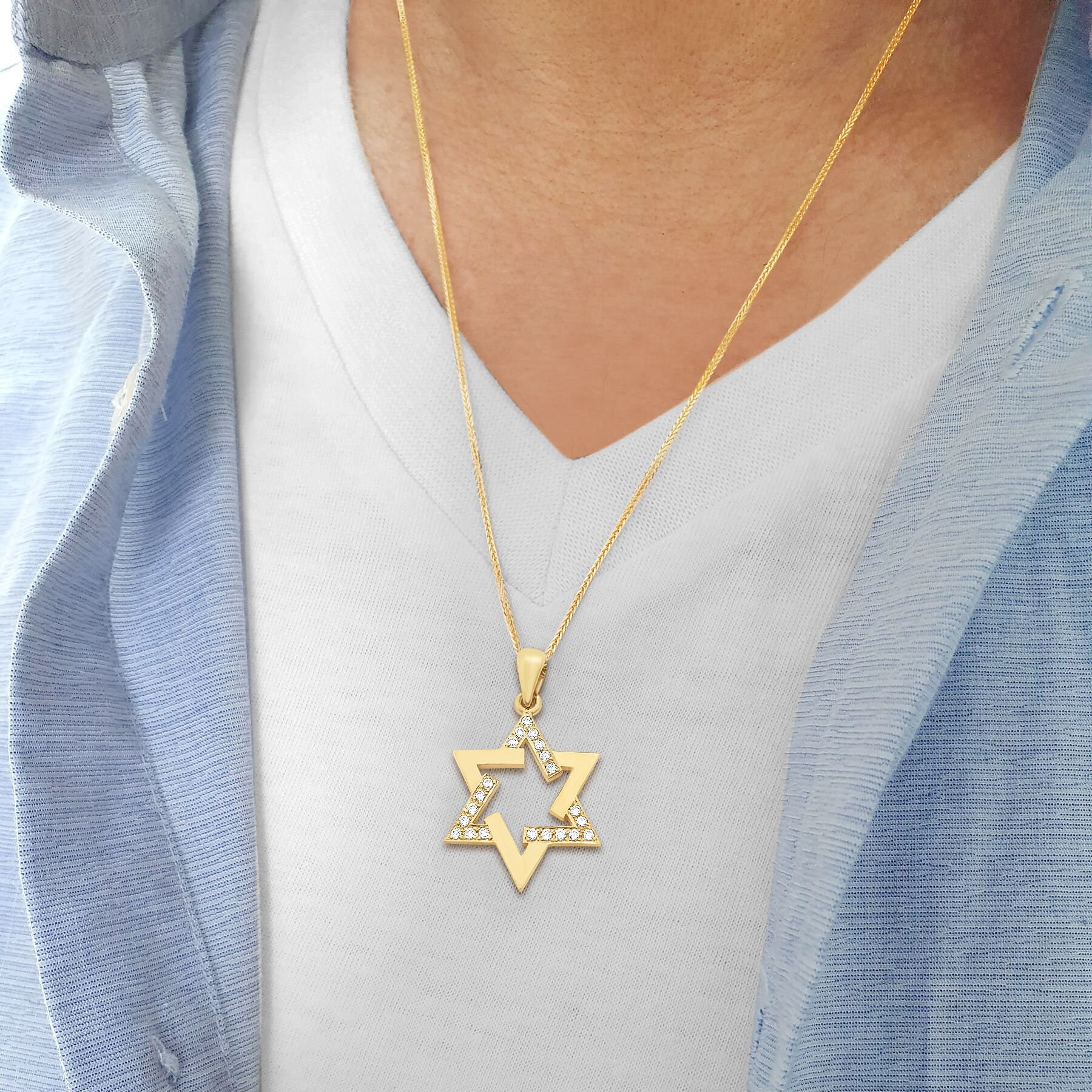 18K Gold Diamond Lined Jewish Star,solid Yellow Gold Diamond Studded ...