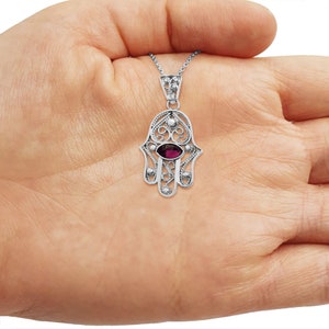 Red Garnet White Gold Hamsa Pendant, 14K Solid Gold Filigree Hand Yad ...