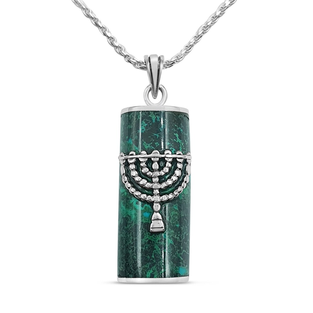 Eilat Stone Mezuzah Necklace, Silver Judaica Pendant, Jerusalem Holy ...