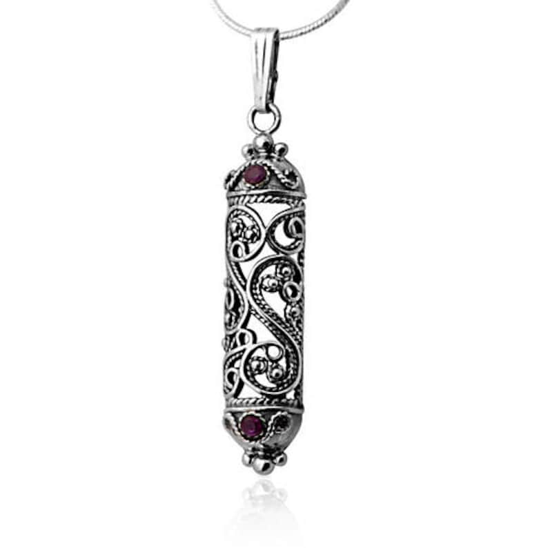 Sterling Silver Jewish Mezuzah Pendant Pink Ruby Gems - Etsy