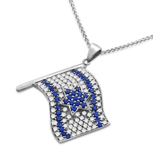 18K White Gold Israel Flag Pendant With Natural Diamonds and Blue ...