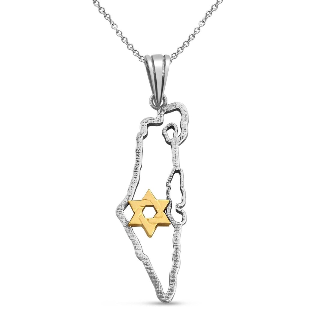 Two Tone 14K Gold Israel Map Pendant and Jewish Star of David, Israel ...