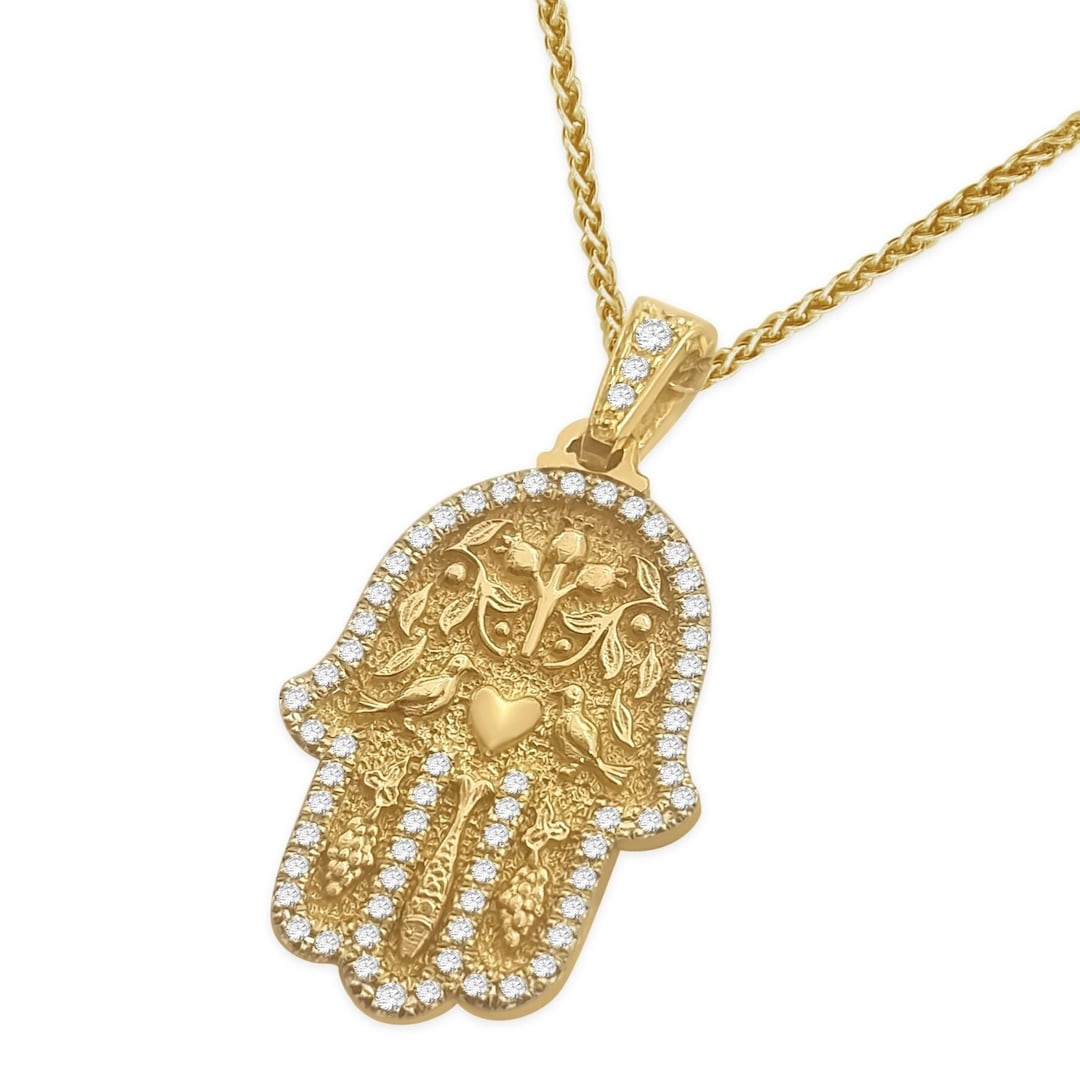 Large 18K Gold Diamond Hamsa Pendant With Pomegranate, Peace Dove ...