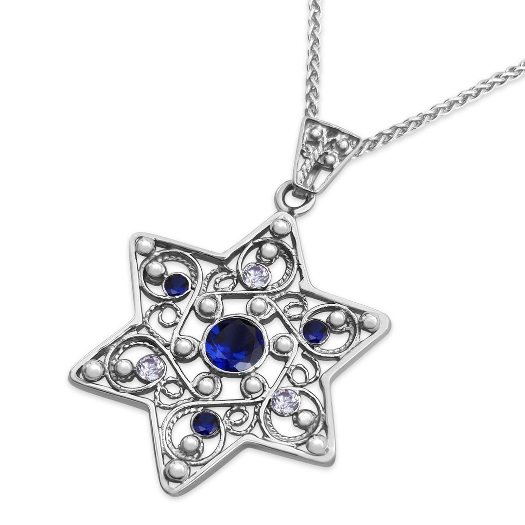 14K White Gold Jewish Star of David Pendant With Blue Sapphire ...