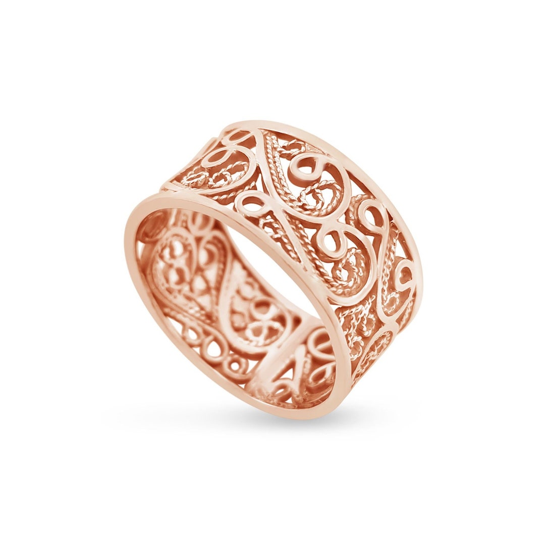 14K Rose Gold Filigree Ring,solid Red Gold Handmade Ring,wide Wedding ...