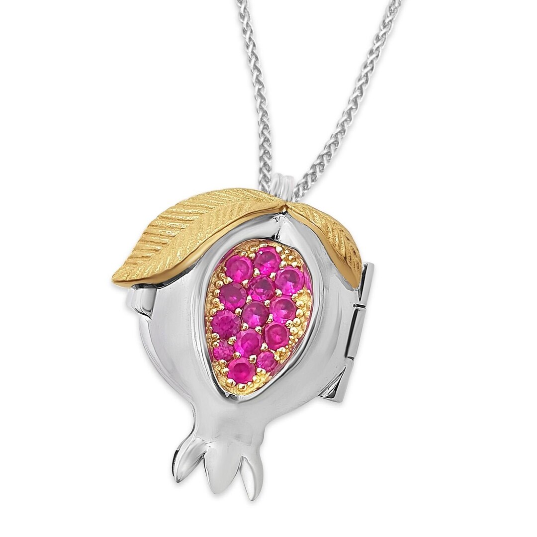 14K Gold Sterling Silver Ruby Pomegranate Necklace,shema Yisrael Open ...