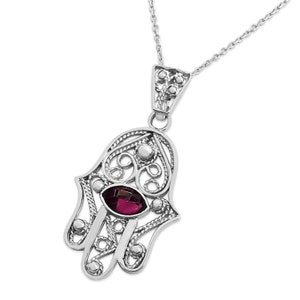 Red Garnet White Gold Hamsa Pendant, 14K Solid Gold Filigree Hand Yad ...