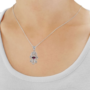 Red Garnet White Gold Hamsa Pendant, 14K Solid Gold Filigree Hand Yad ...