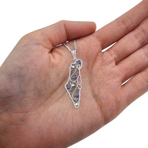 14K White Gold Map of Israel Filigree Pendant Natural Diamonds & Blue ...