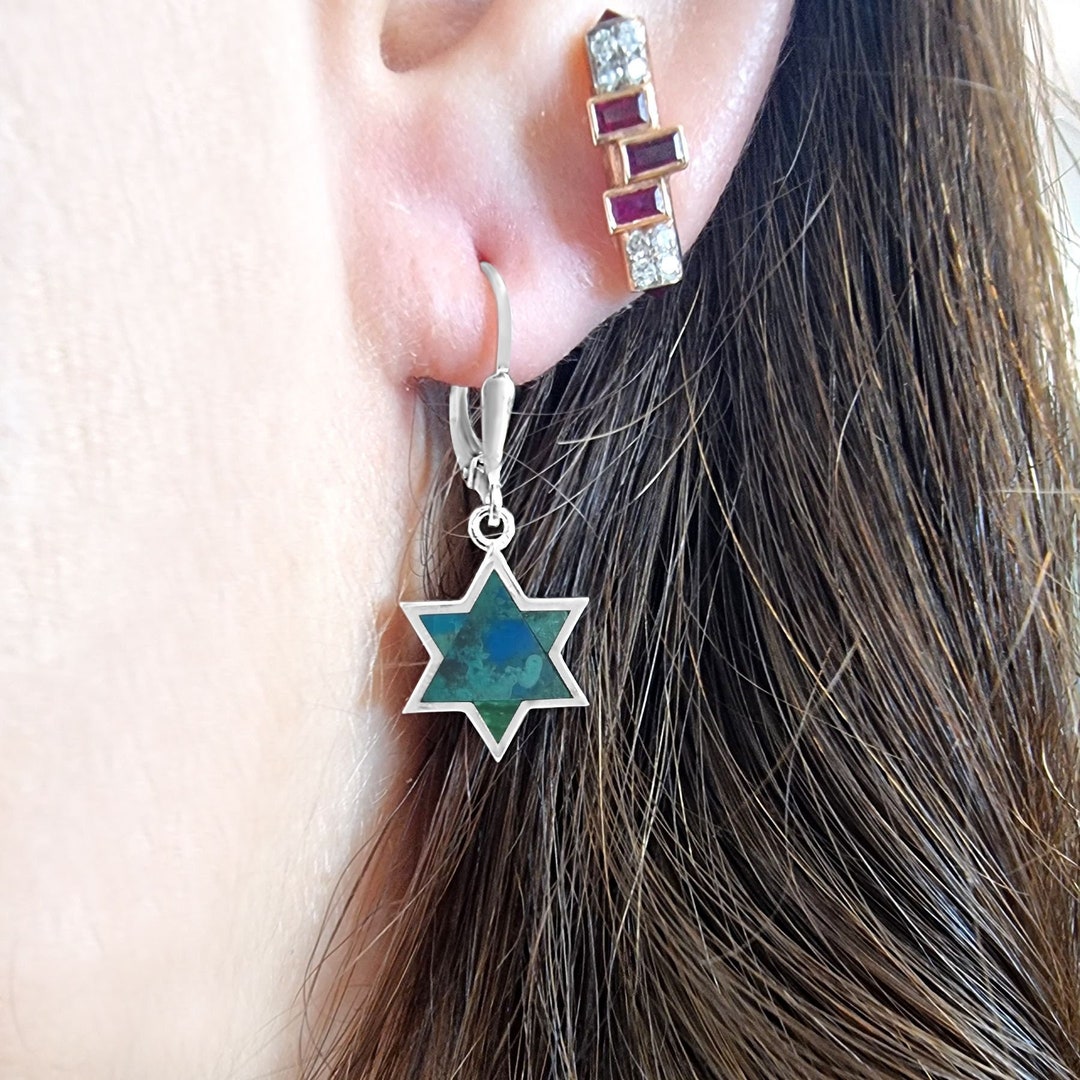 Jewish Star of David Dangle Earrings in Silver With Natural Eilat Stone ...