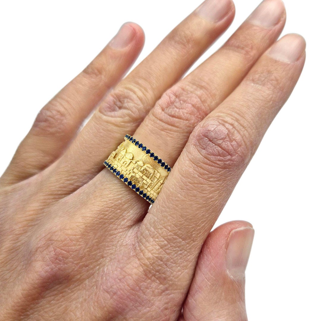 14K Gold Holy City Jerusalem Jewish Hebrew Ring With Blue Sapphire Hand ...