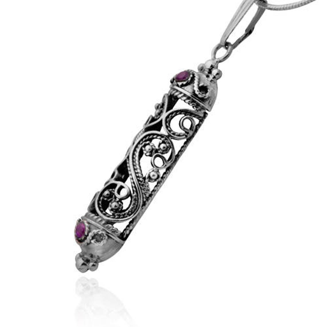 Sterling Silver Jewish Mezuzah Pendant Pink Ruby Gems, Filigree ...