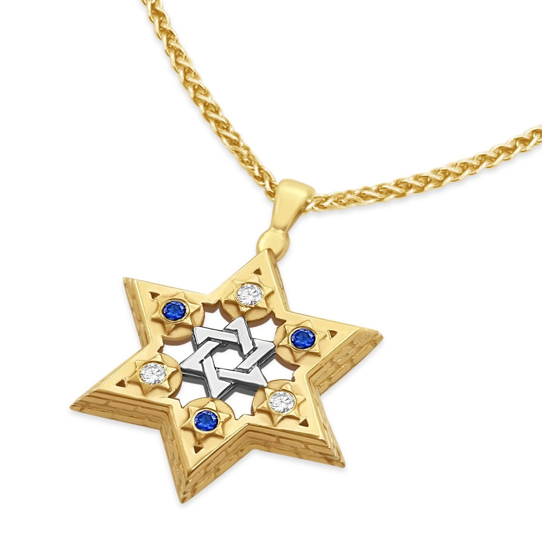 Two Tone 14K Solid Gold Jewish Star of David Necklace,jerusalem Kotel ...