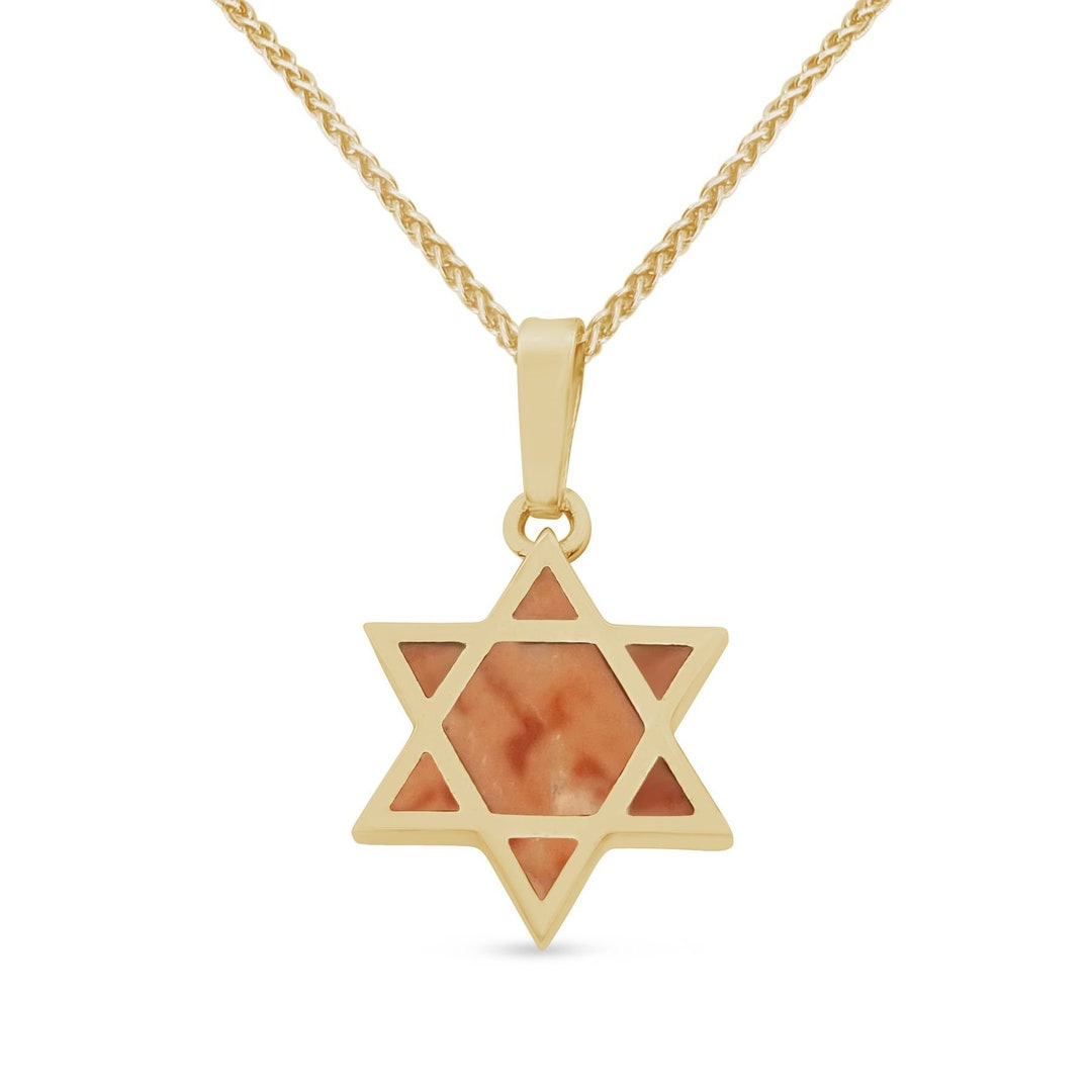 14K Solid Gold Jewish Star of David Pendant, Natural Jerusalem Stone ...