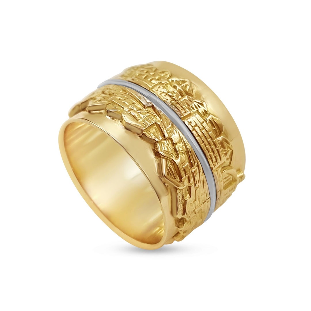 14K Solid Gold Jerusalem Ring Judaica Jewelry,yellow & White Gold Holy ...