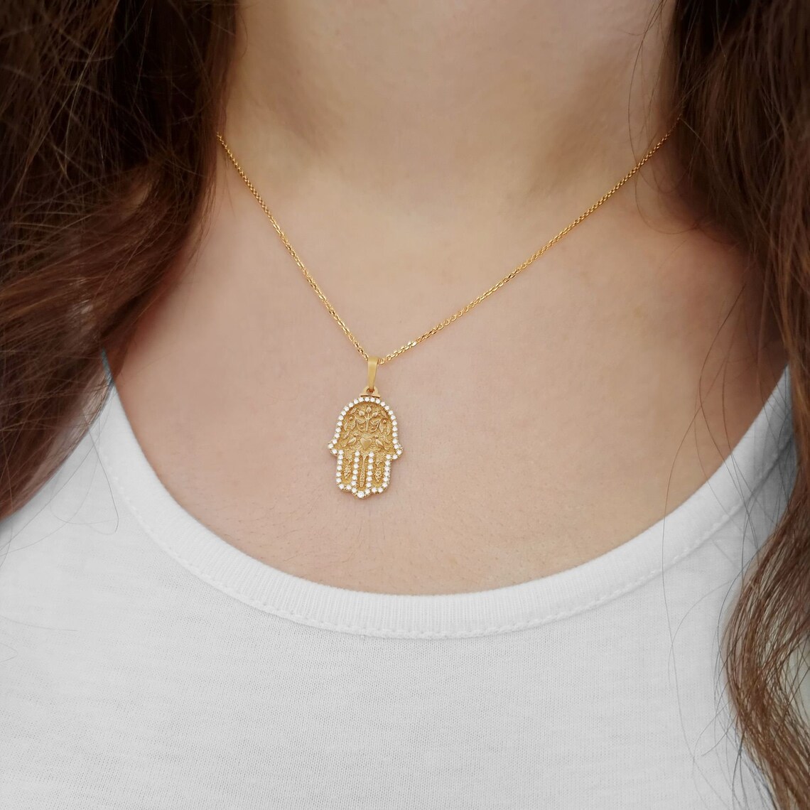 Small 14K Gold Diamond Lined Hamsa With Pomegranatepeace - Etsy
