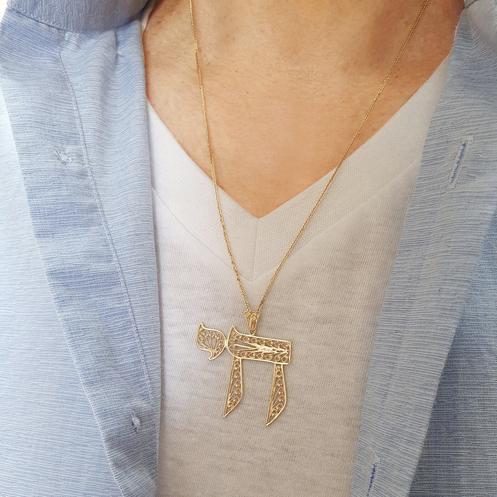 Large 14K Gold Filigree Chai Pendant,solid Yellow Gold Chai Necklace ...