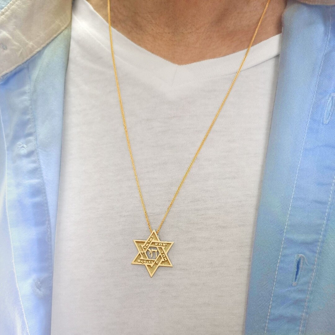 14K Gold Large Star of David, Shema Israel and Chai Pendant for Man - Etsy