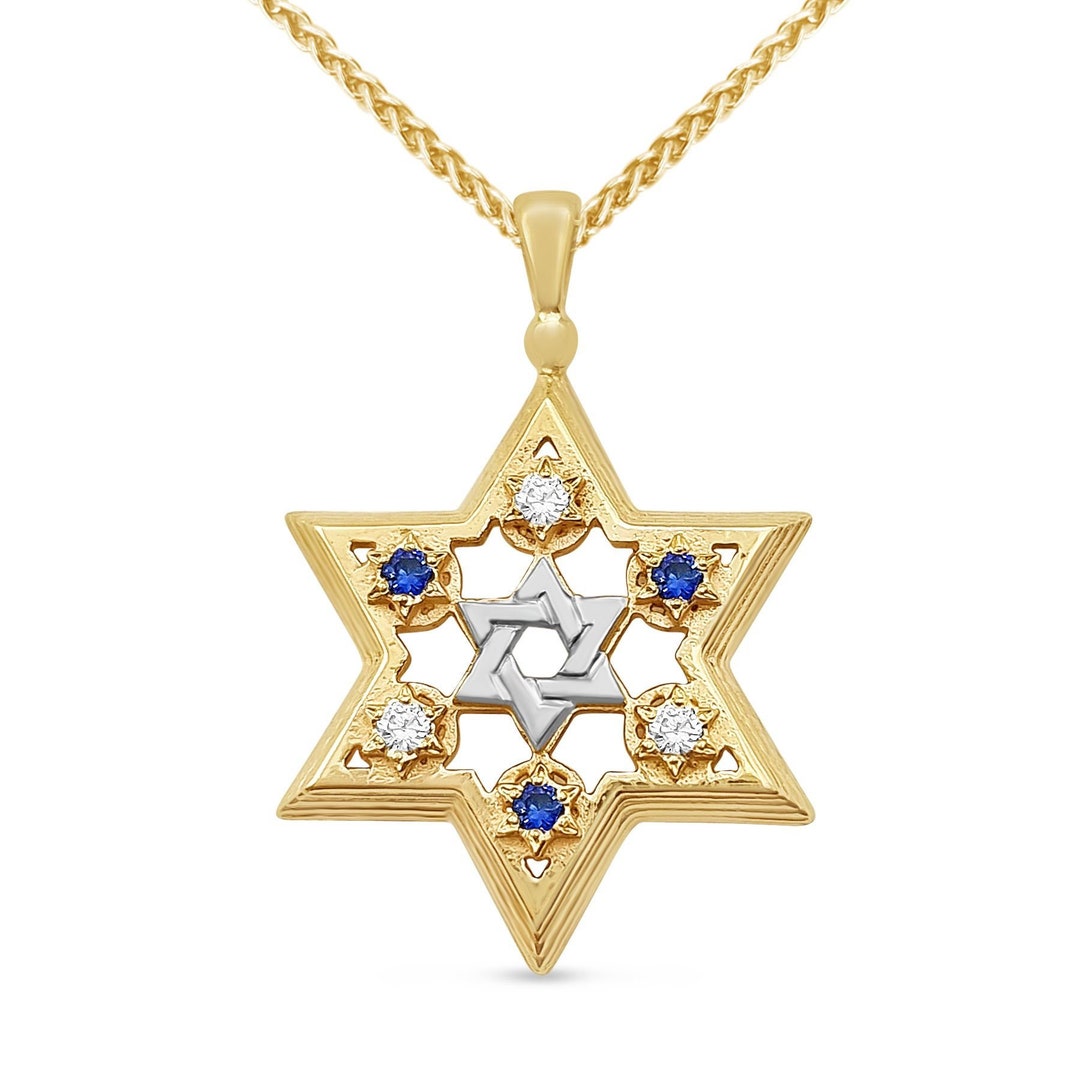 Two Tone 14K Gold Jewish Star of David Pendantdiamonds Blue - Etsy