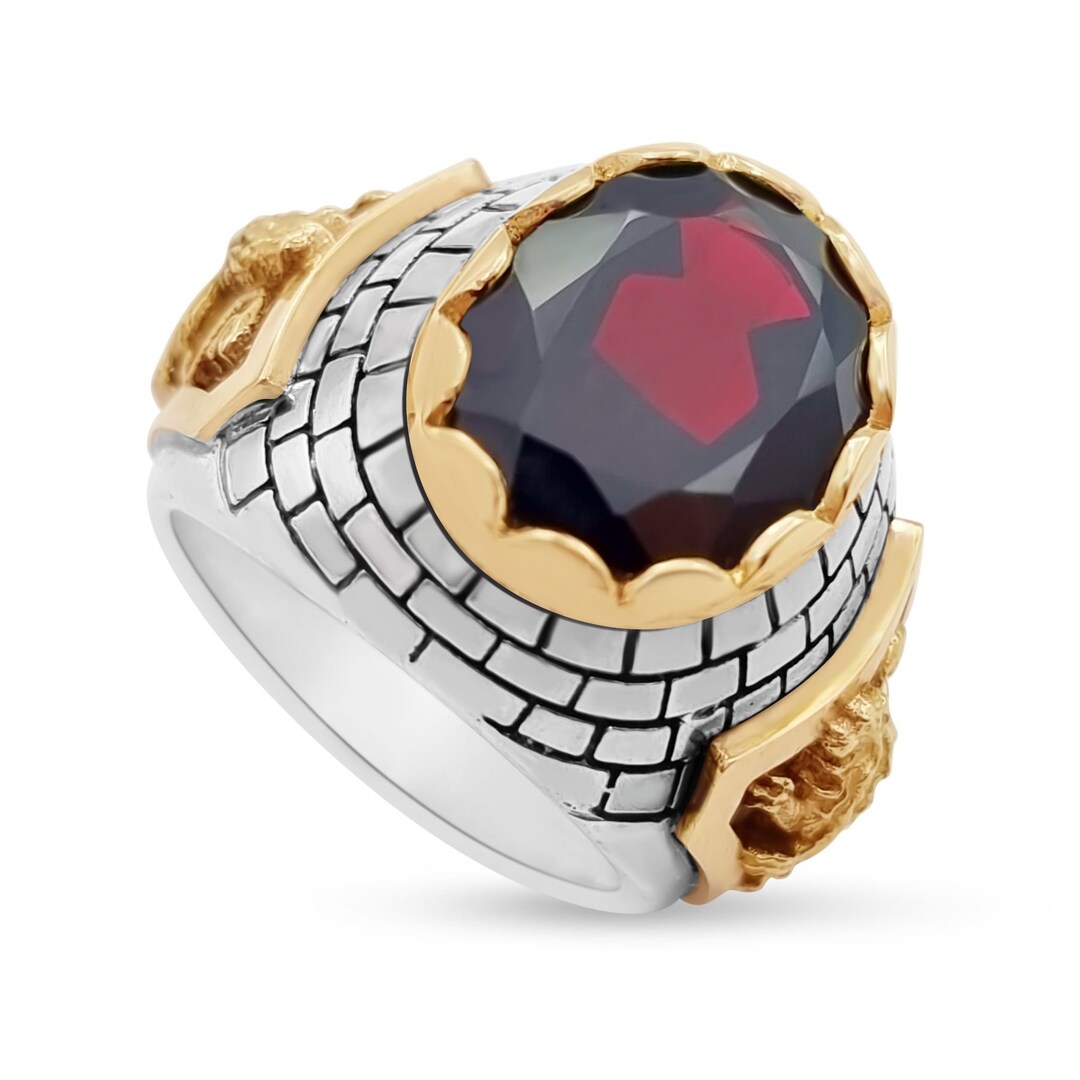 14K Gold and Silver Lion of Judah Men's Ring,jerusalem Walls Red Garnet ...