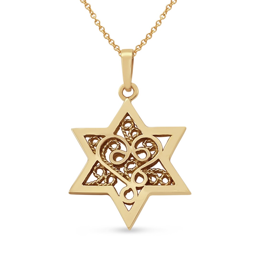 14K Gold Filigree Star of David Pendant, Gold Jewish Star Necklace ...