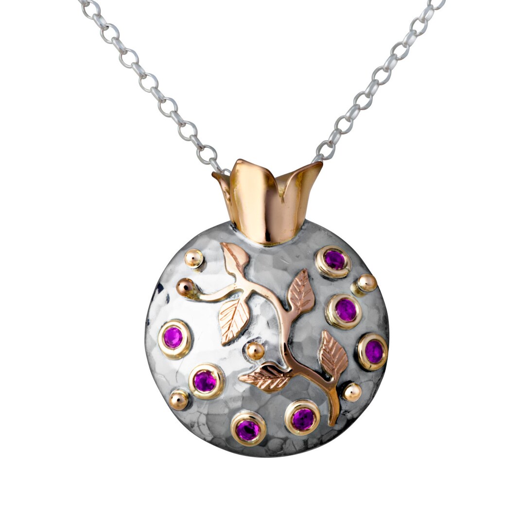 Silver and Gold Pomegranate Necklace, Round Pink Ruby Gems, Judaica ...