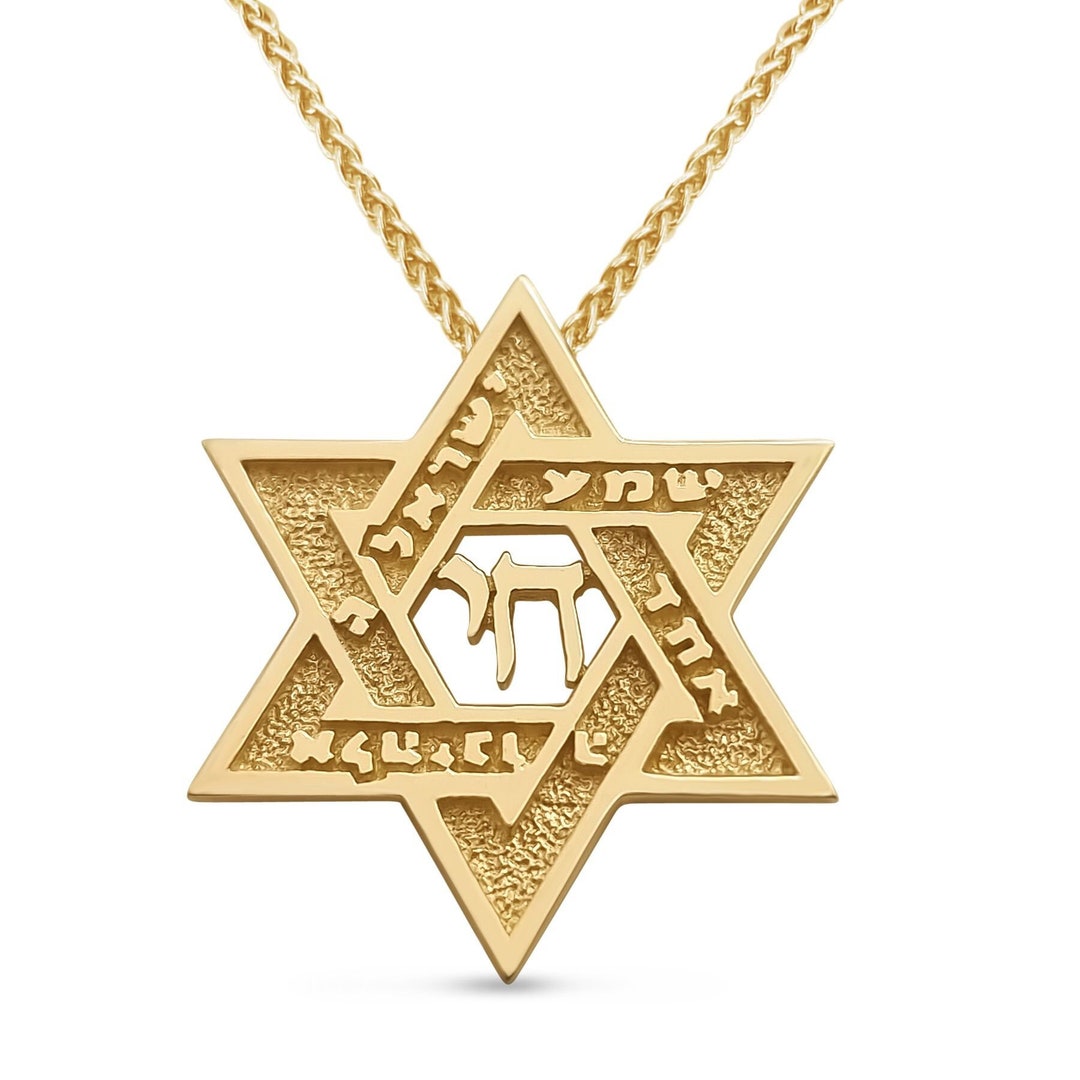 14K Gold Star of David Pendant, Shema Israel & Chai in Hebrew, Jewish ...